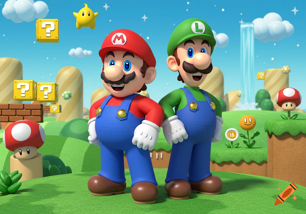 Mario and Luigi stand side-by-side in a vibrant, cartoon Super Mario ...