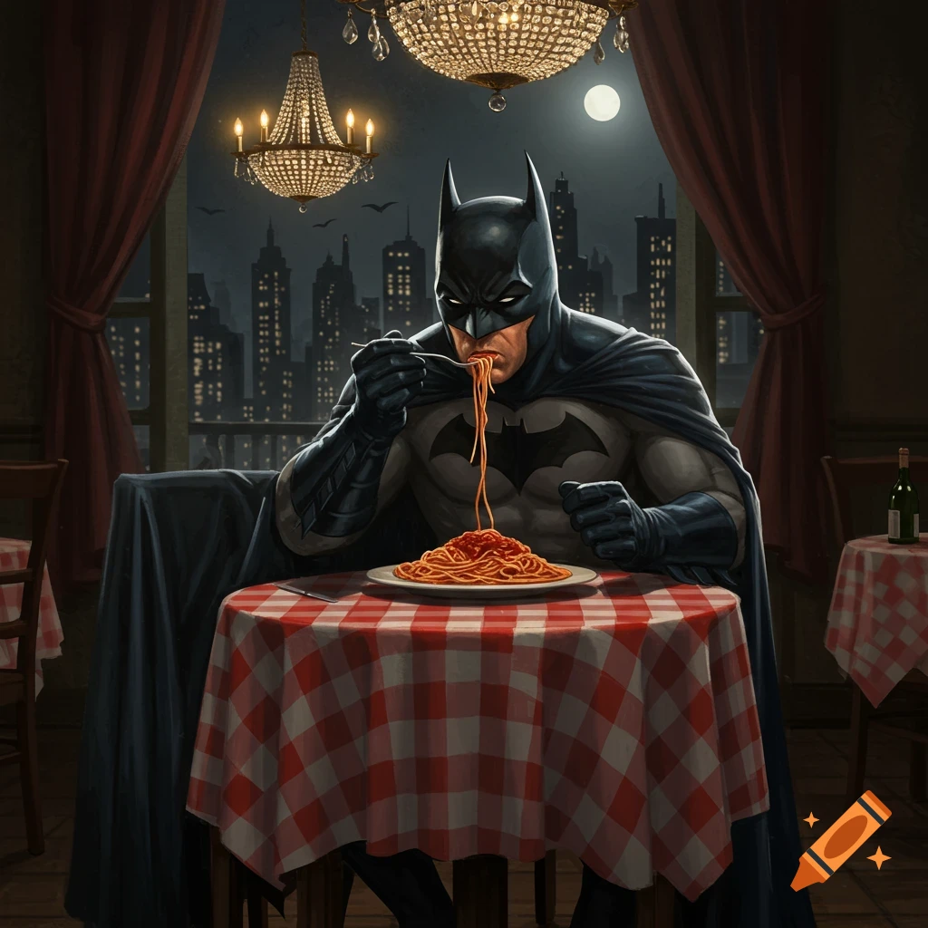 Batman in a dark restaurant, eating spaghetti from a plate on a ...