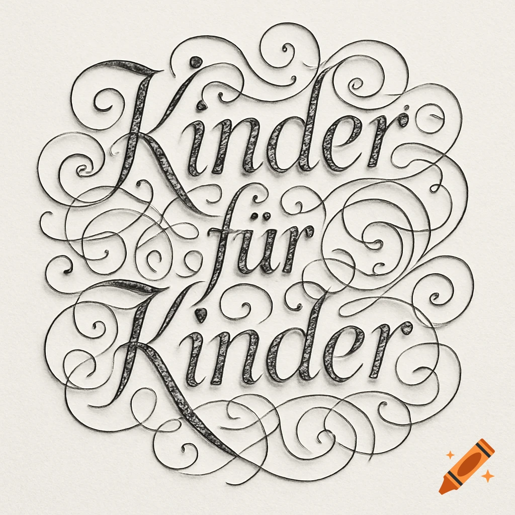 Ornate black filigree script spelling "Kinder f r Kinder" on a light ...