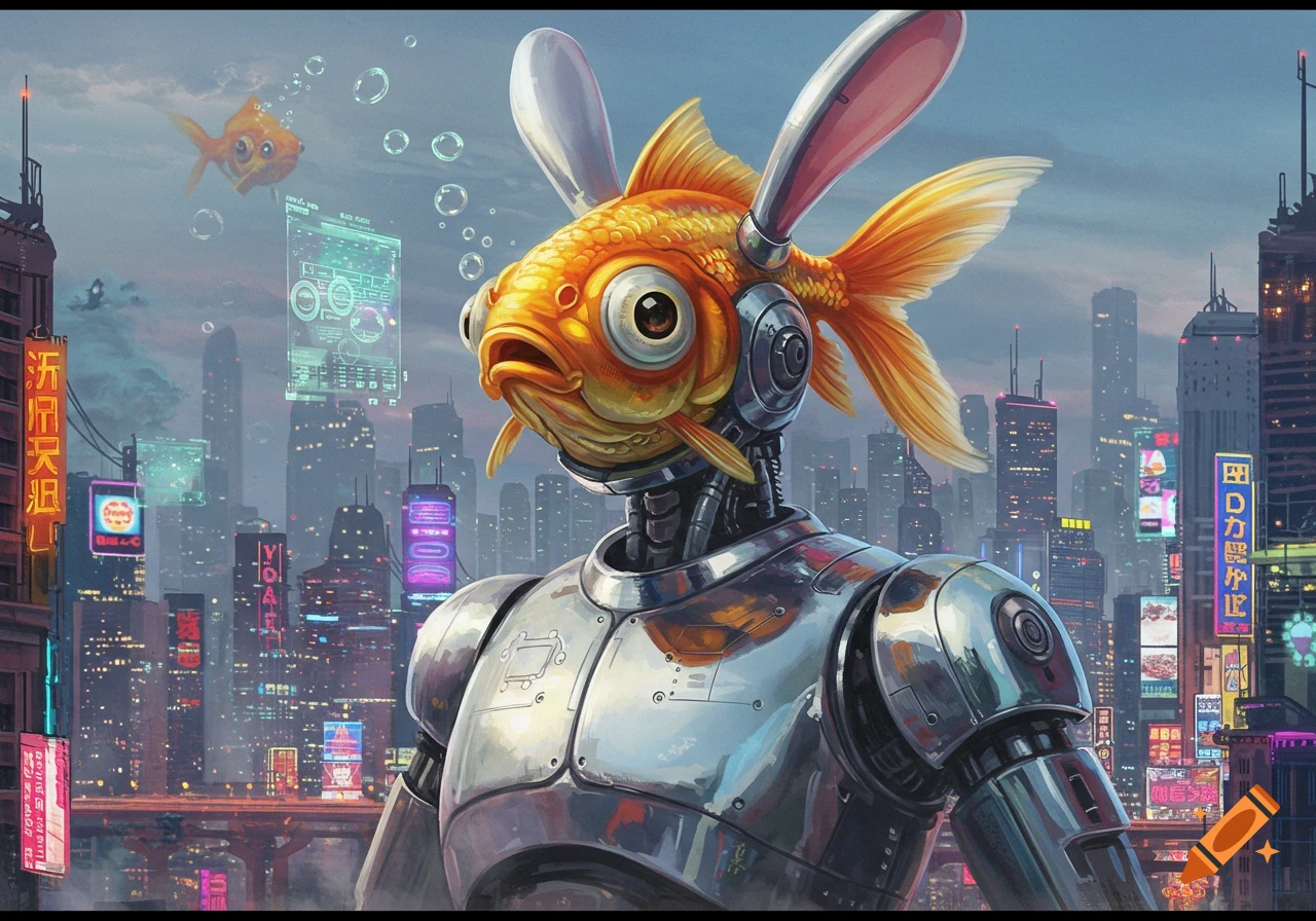 A giant robot with a goldfish head and rabbit ears stands in a ...