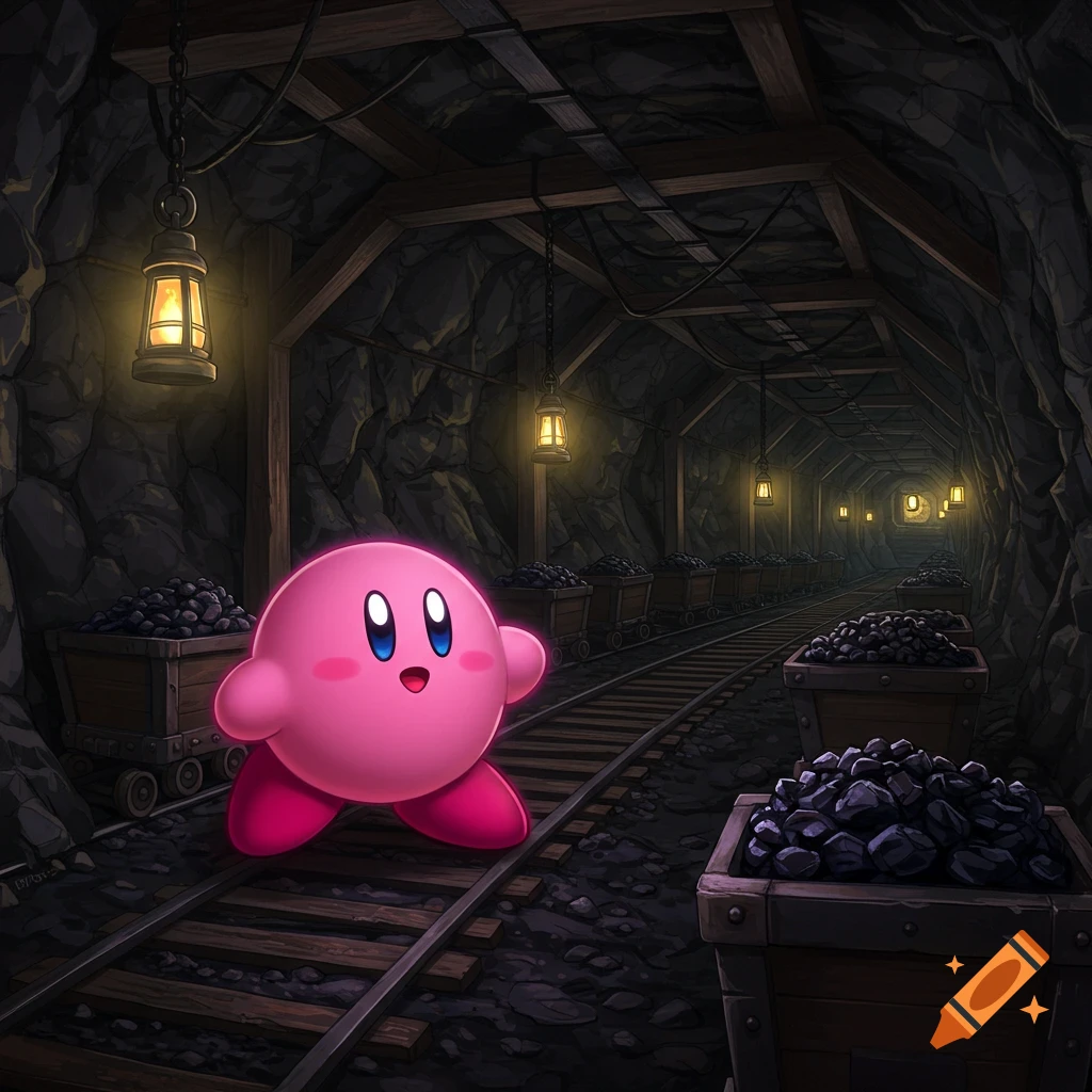 A pink, round Kirby character with blue eyes and a smiling mouth walks ...