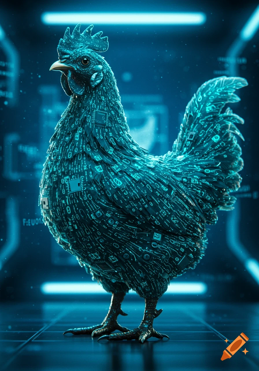 A majestic cybernetic rooster made of glowing circuit boards and binary ...