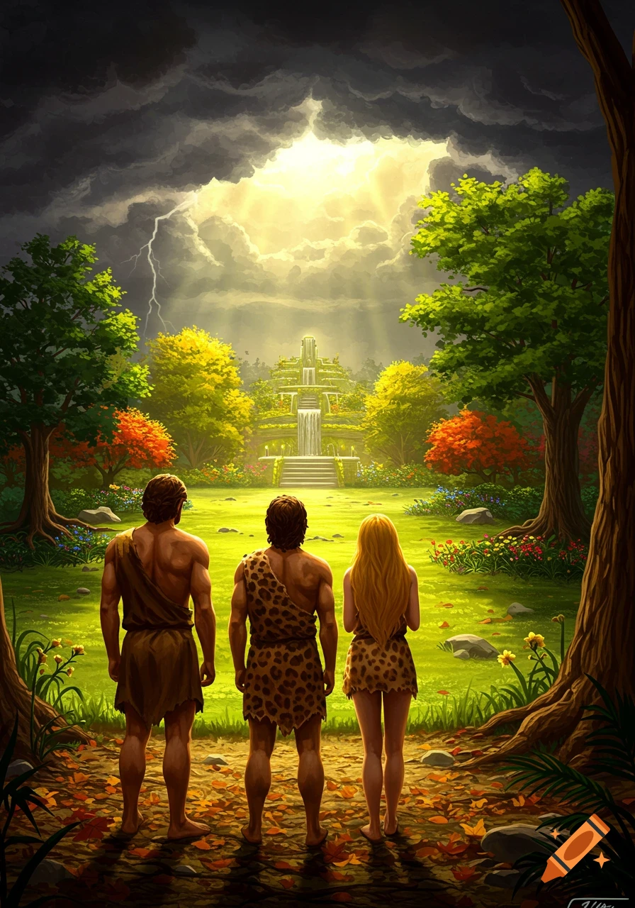 Three figures in primitive attire view a lush garden with a tiered ...