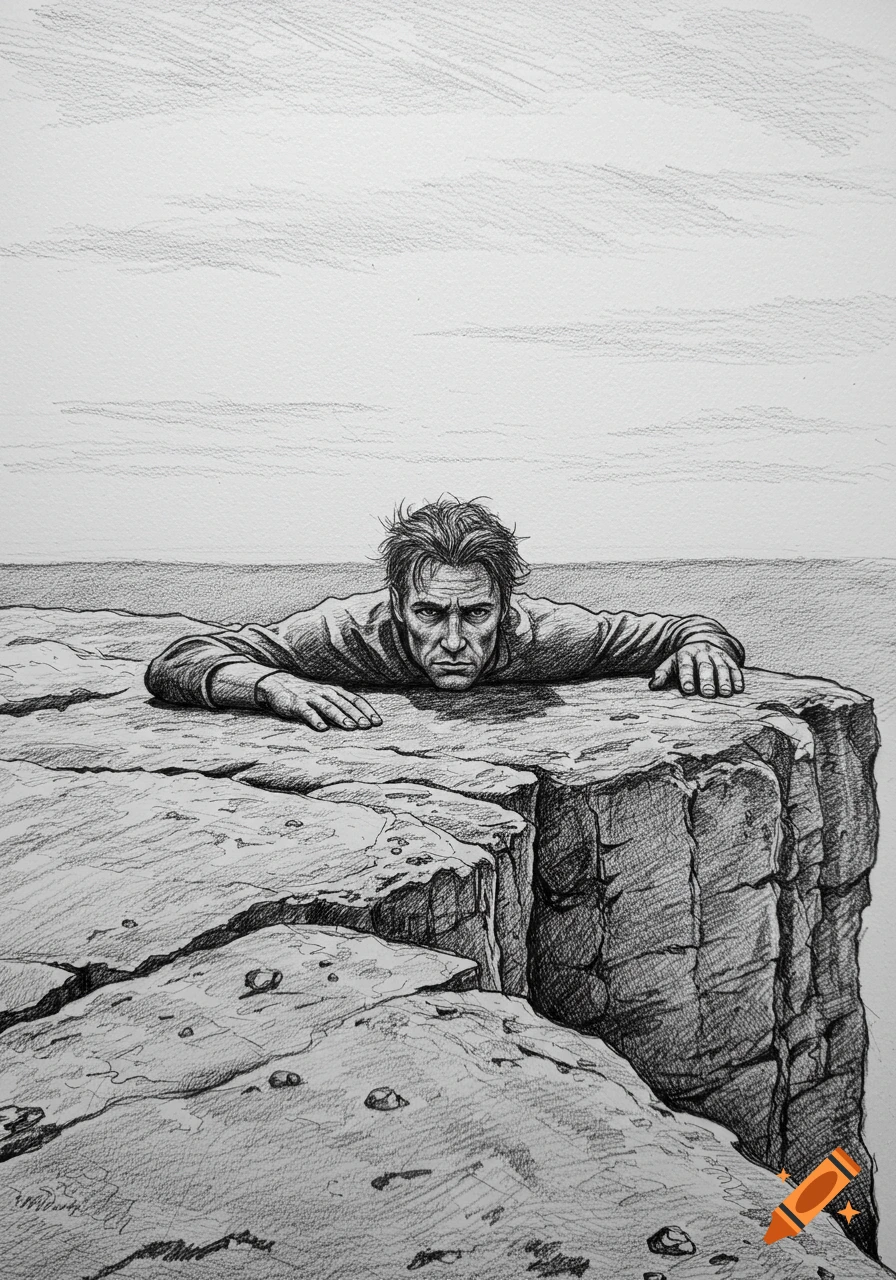 Pencil sketch of a man clinging to a rocky cliff edge, looking ...
