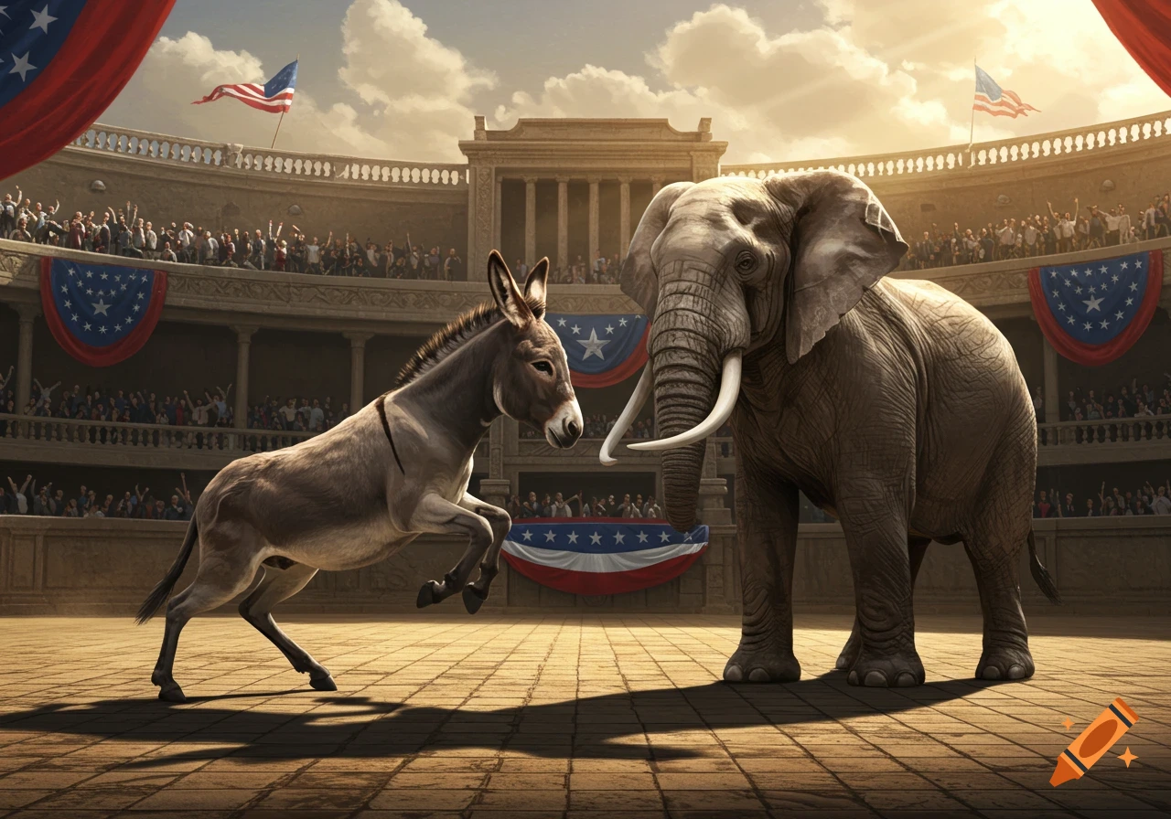 Photorealistic image of a donkey and an elephant facing each other in a ...