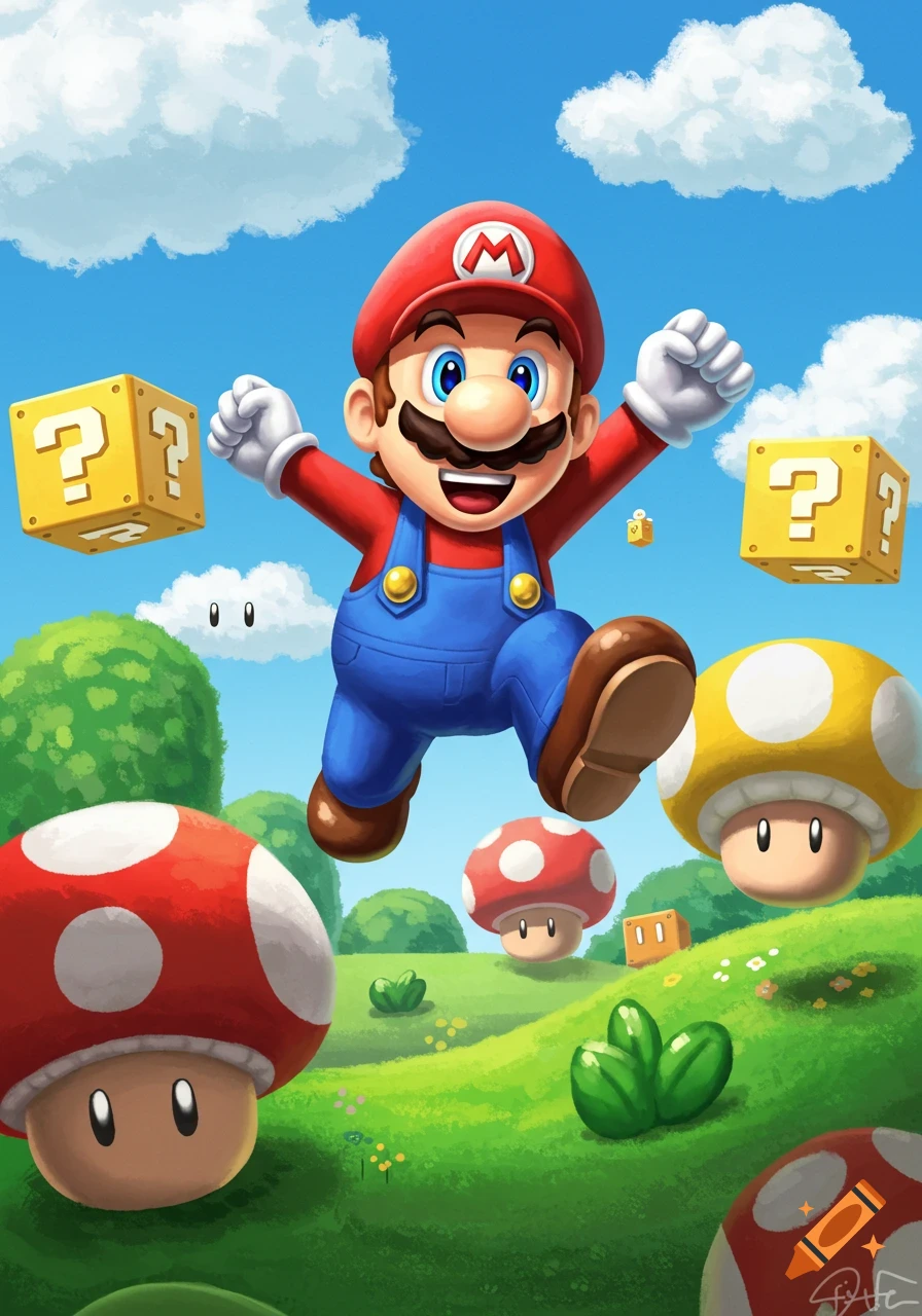 Cartoon illustration of Mario jumping in a vibrant green landscape with ...