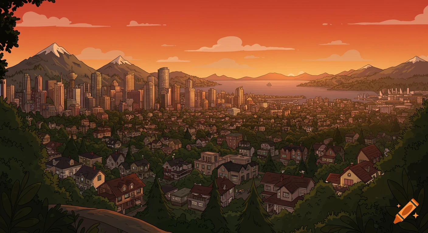 Cartoon cityscape of Vancouver with mountains, forest, ocean, and an ...