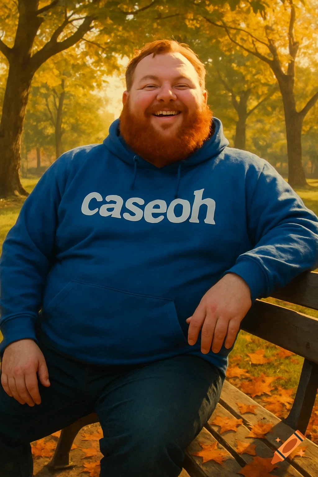 A smiling man with a ginger beard wearing a blue "caseoh" hoodie sits ...