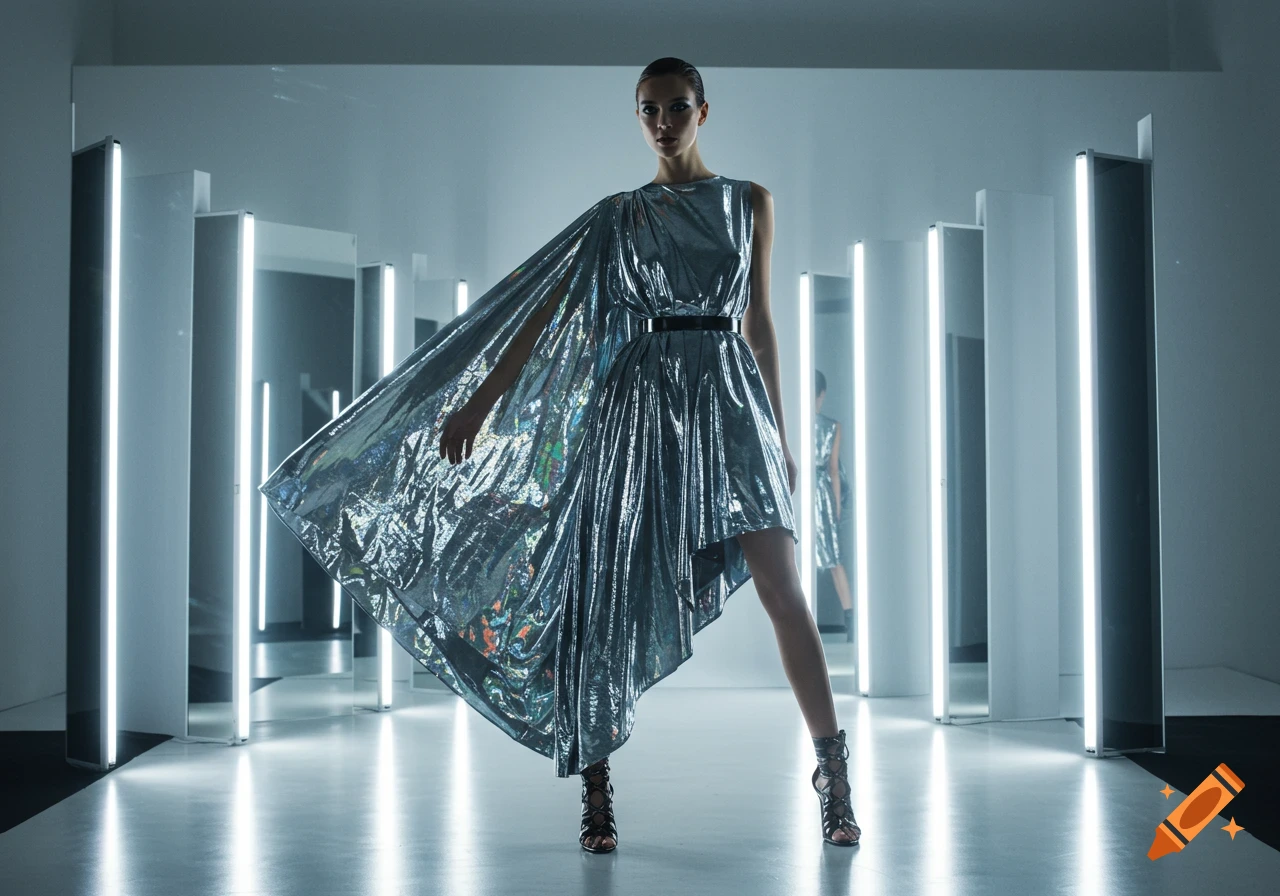 Model in a flowing silver metallic futuristic dress poses on a ...
