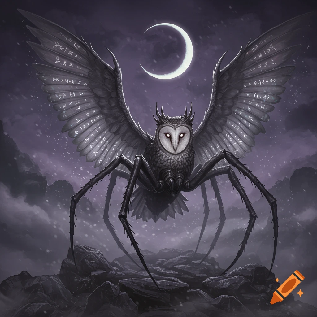 A dark fantasy owl-spider creature with runic wings stands on rocks under a crescent moon in a ...