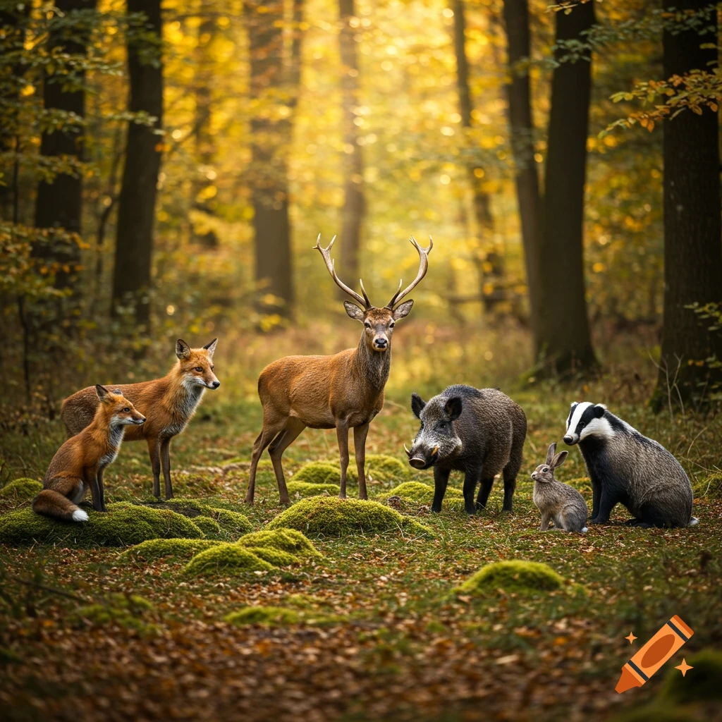 A deer, two foxes, a wild boar, a rabbit, and a badger stand together ...