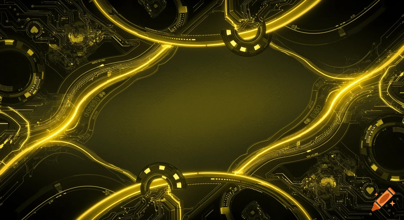Dark background with glowing yellow lines, circuitry, and subtle poker ...