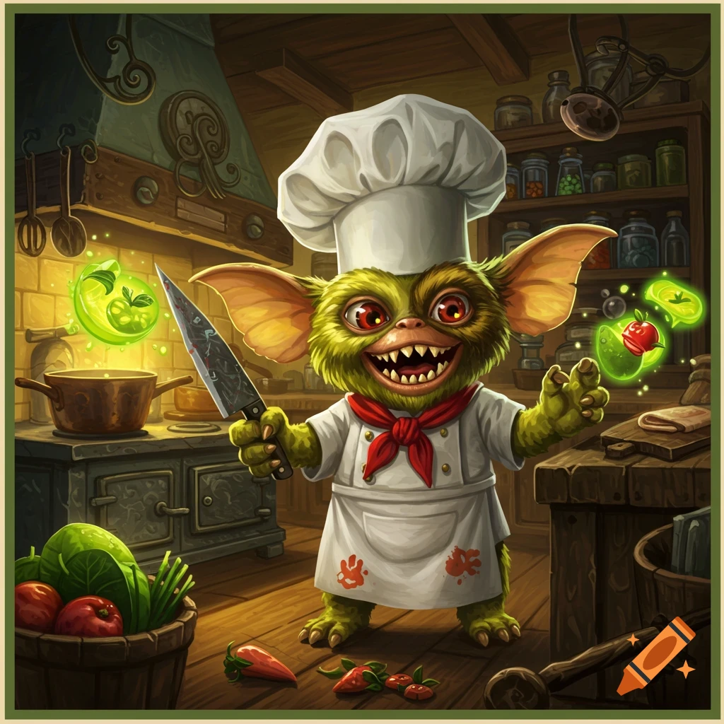 A cartoon green gremlin chef with sharp teeth holds a knife in a rustic ...