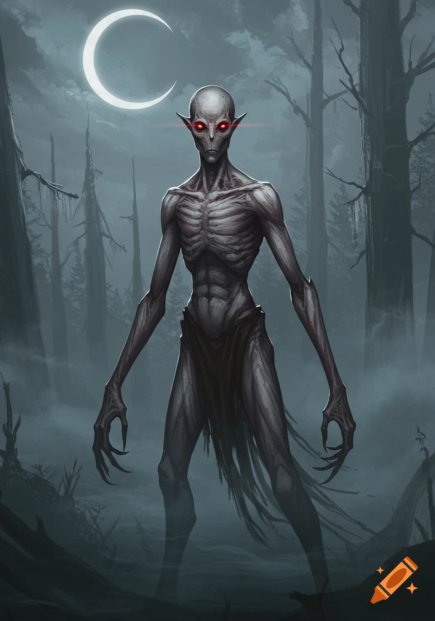 A gaunt, pale creature with glowing red eyes and long claws stands in a ...