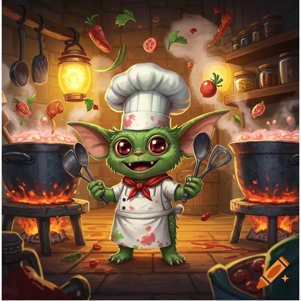 A cartoon green gremlin chef with big red eyes stands in a rustic ...