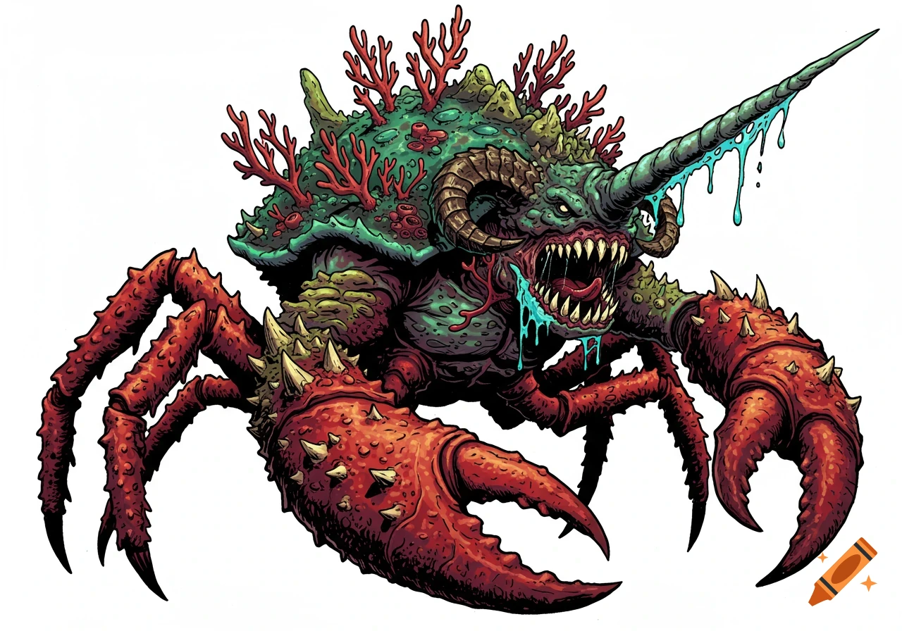 A monstrous coral-covered crab-like demon with shark teeth, horns, and ...