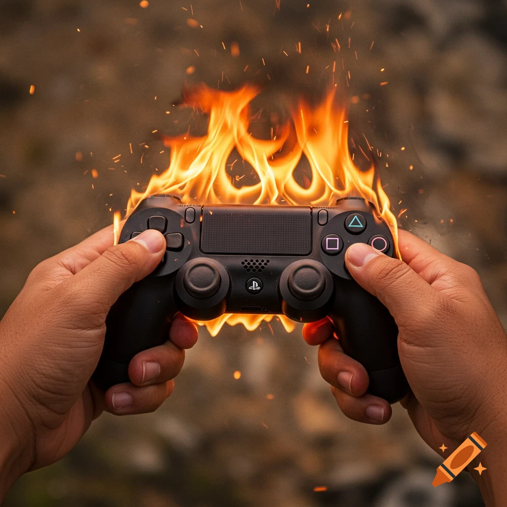 A pair of hands holds a black PS4 controller engulfed in vibrant orange ...