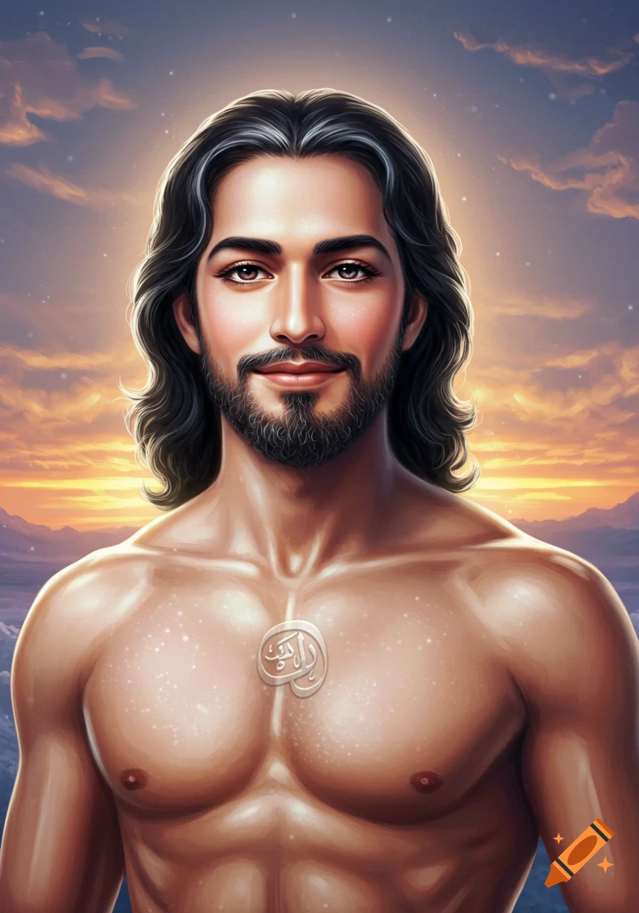 A radiant man with long dark hair, a beard, and bare chest, smiling ...