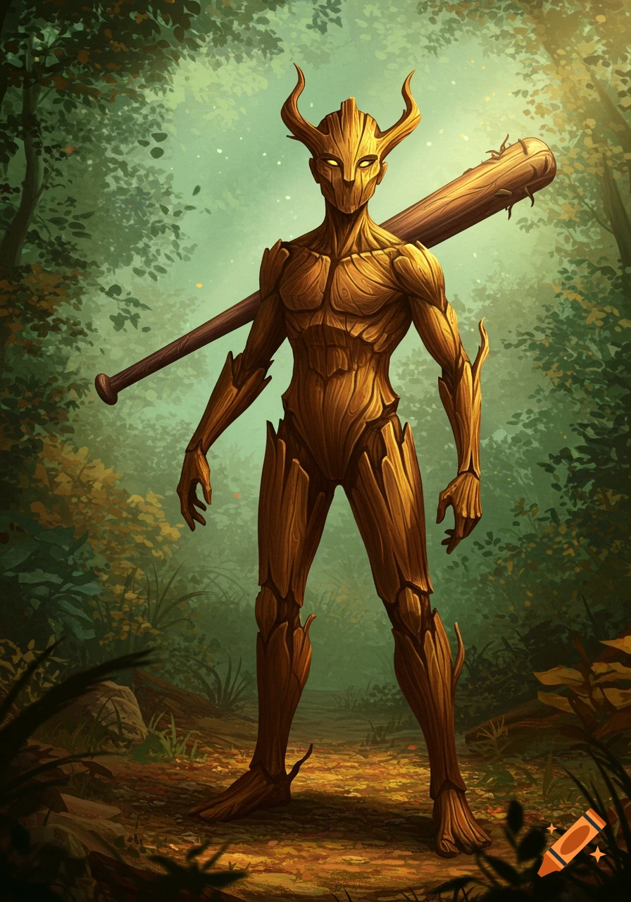 A stylized humanoid figure made of wood, with horns, stands in a forest ...