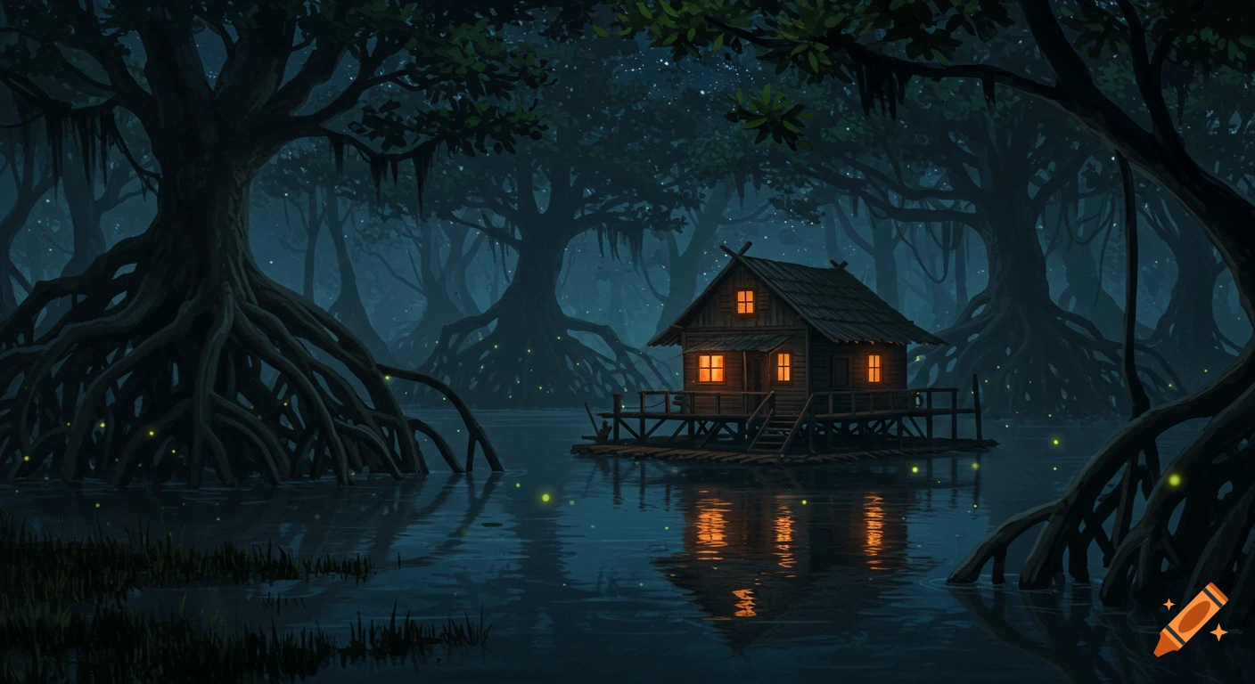 A cozy wooden house with lit windows floats on a raft in a dark, misty ...