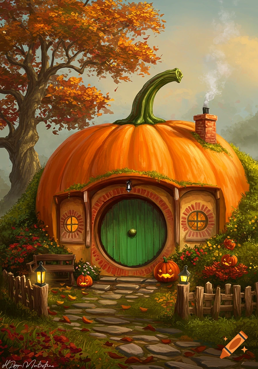 Whimsical fantasy art of a cozy hobbit home built into a giant pumpkin ...