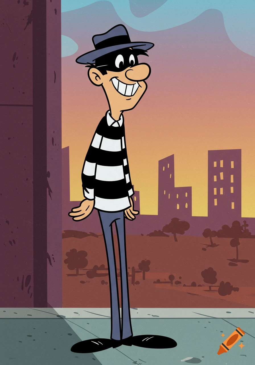 A tall, thin cartoon robber with a striped shirt, fedora, and eye mask ...