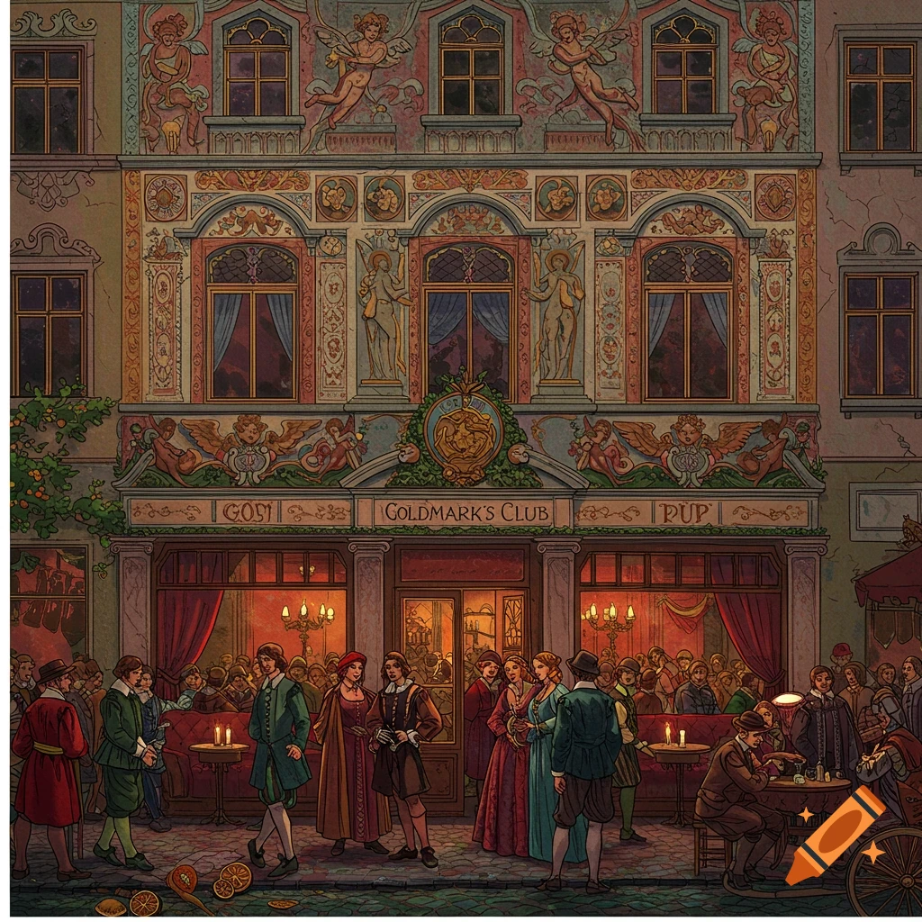A detailed illustration of a lively Renaissance street scene at night ...