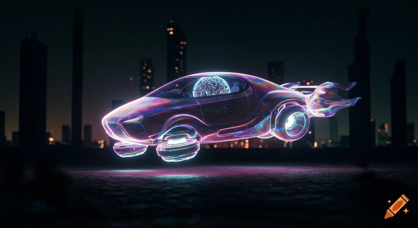 A glowing, iridescent, sentient energy vehicle hovers over a dark ...