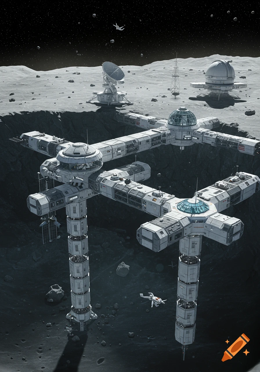 Detailed, high-angle view of a modular white and grey moon base built ...