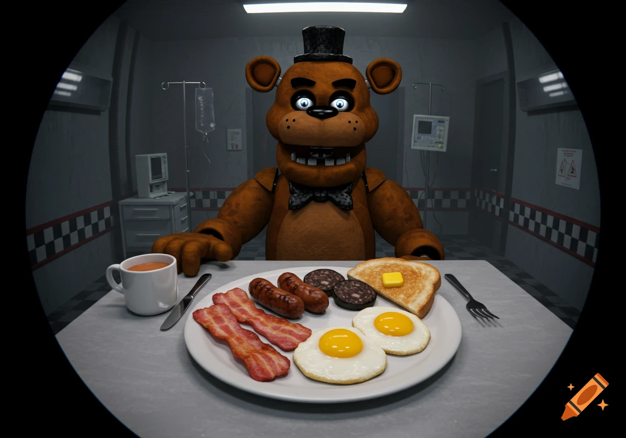 A fisheye view of Freddy Fazbear eating a full English breakfast with ...