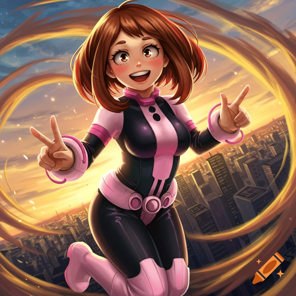 Ochako Uraraka from My Hero Academia floats above a city skyline at ...