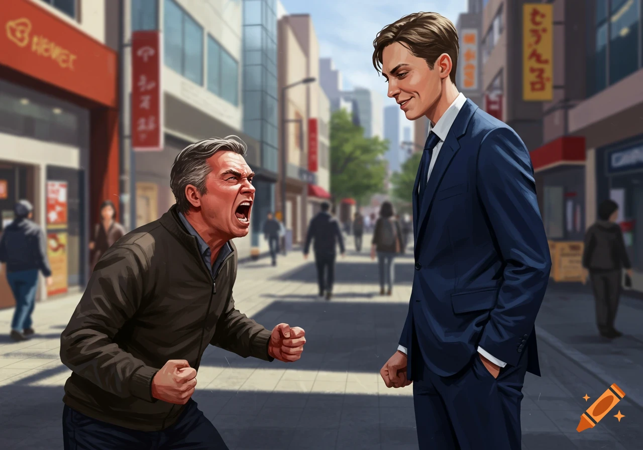 An angry man yells at a smug man in a suit on a city street ...
