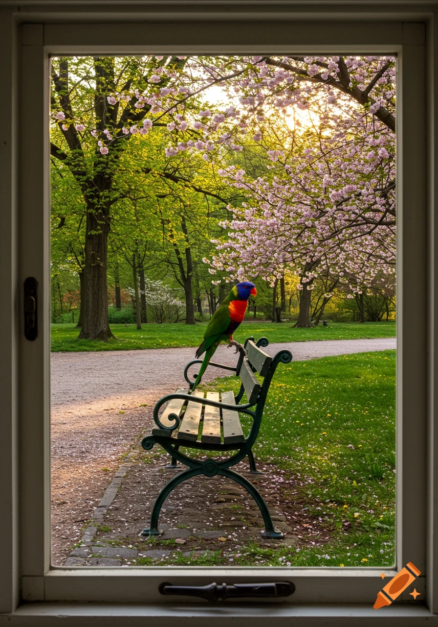 A colorful parrot perches on a park bench in a vibrant park with cherry ...