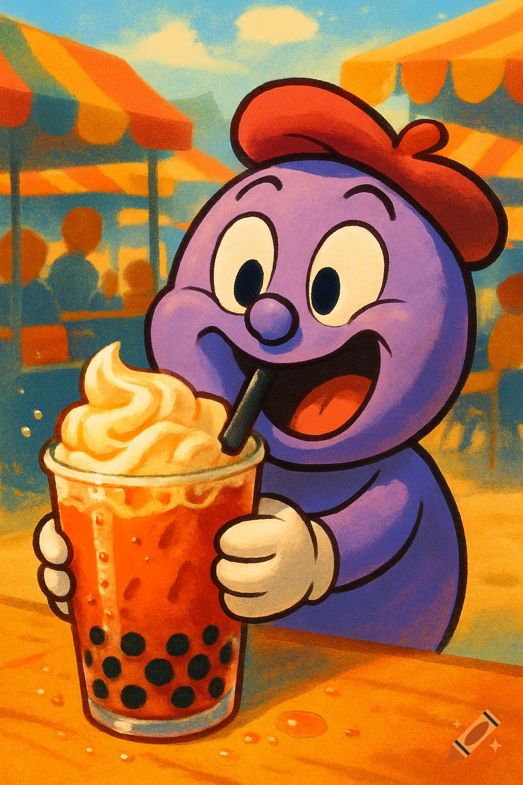A happy purple cartoon character resembling Loopy drinks red bubble tea ...