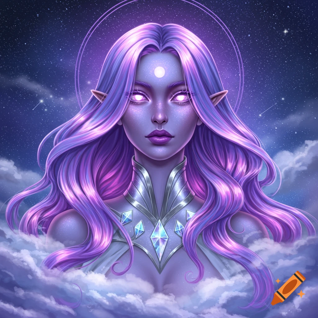 A stylized celestial being with purple skin, long metallic purple hair ...