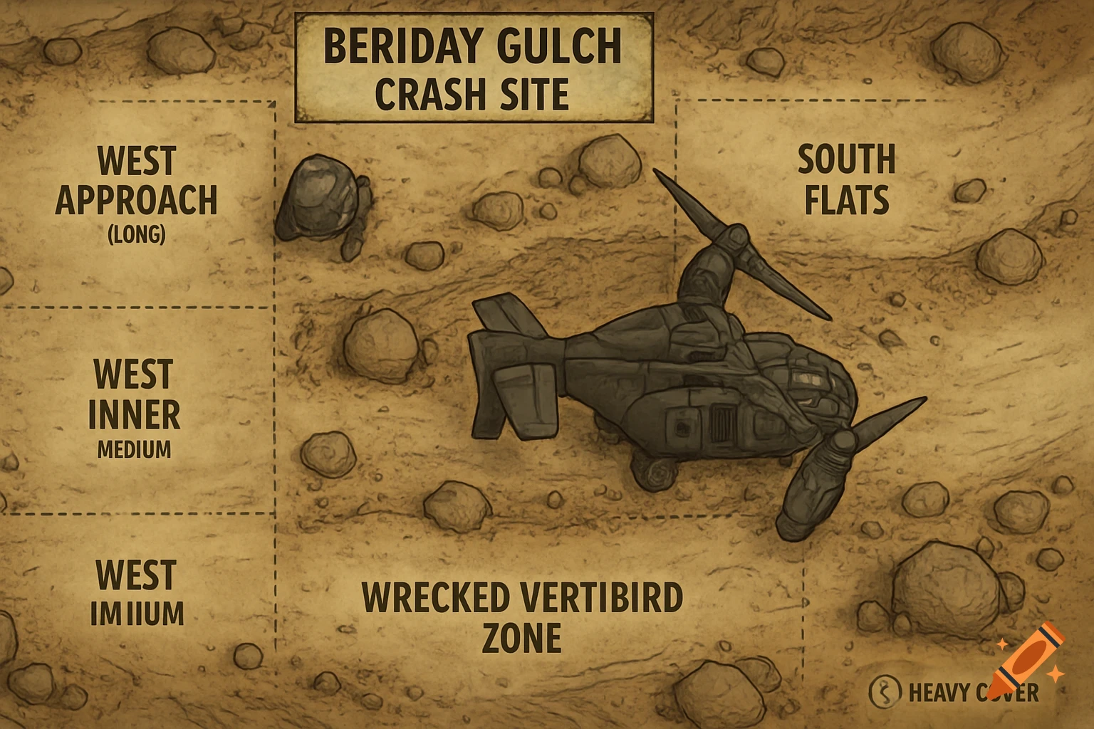 A top-down, hand-drawn tactical battle map of a dusty wasteland crash ...