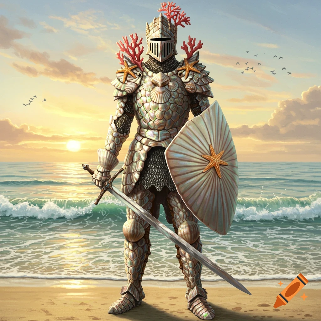A knight in armor made of seashells and coral, holding a sword and ...