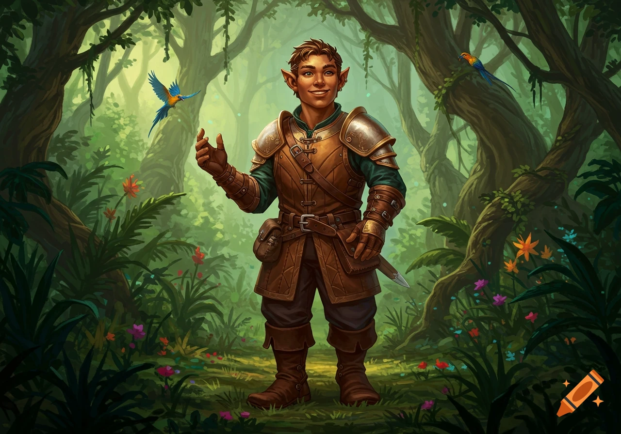 A smiling fantasy halfling in leather and metal armor stands in a lush ...