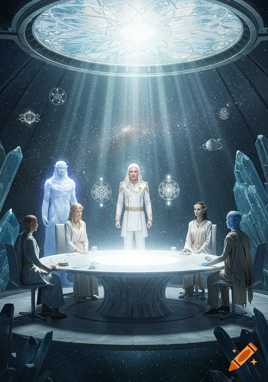 A group of diverse alien and human-like beings in a cosmic council ...
