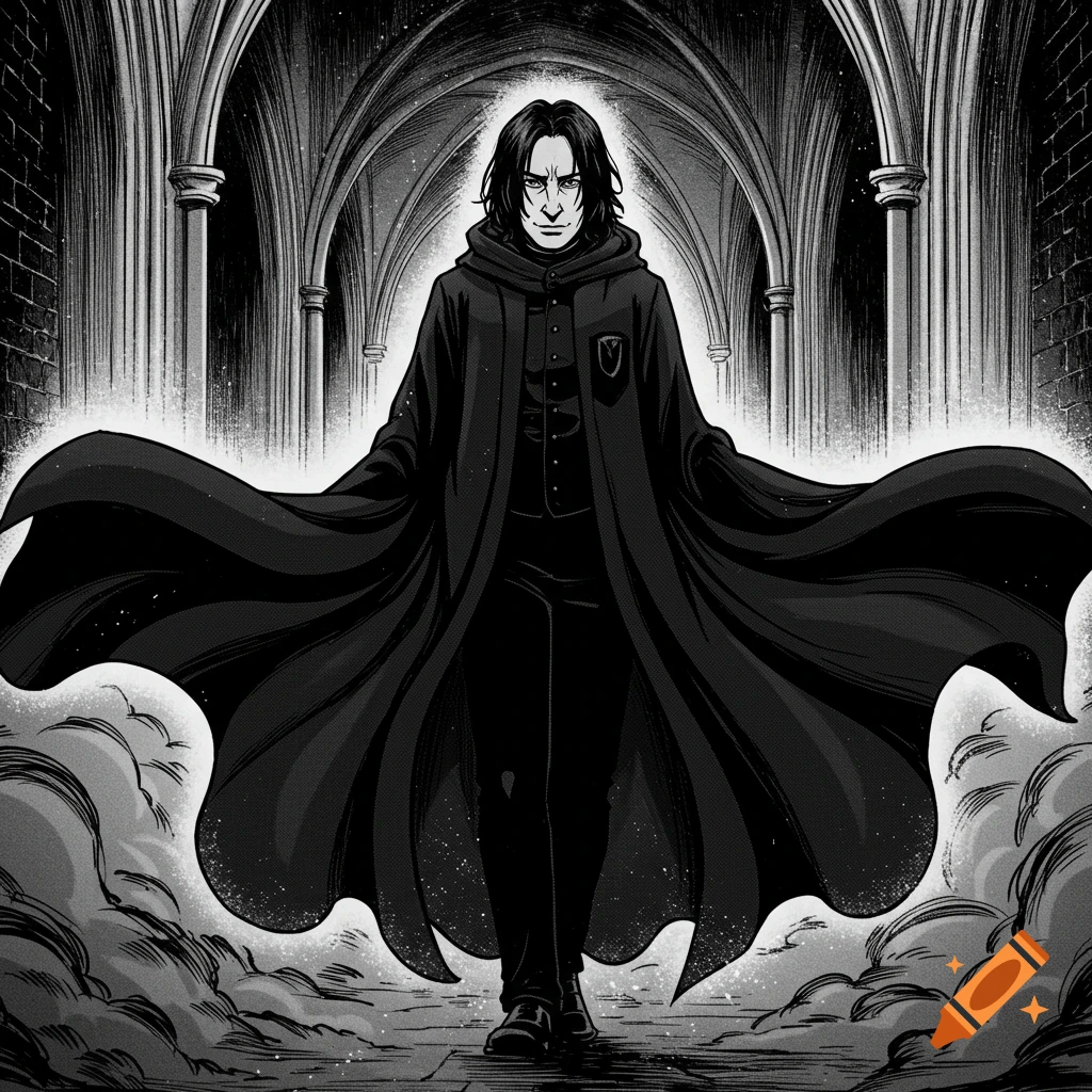 A black and white manga-style illustration of Severus Snape in a long ...