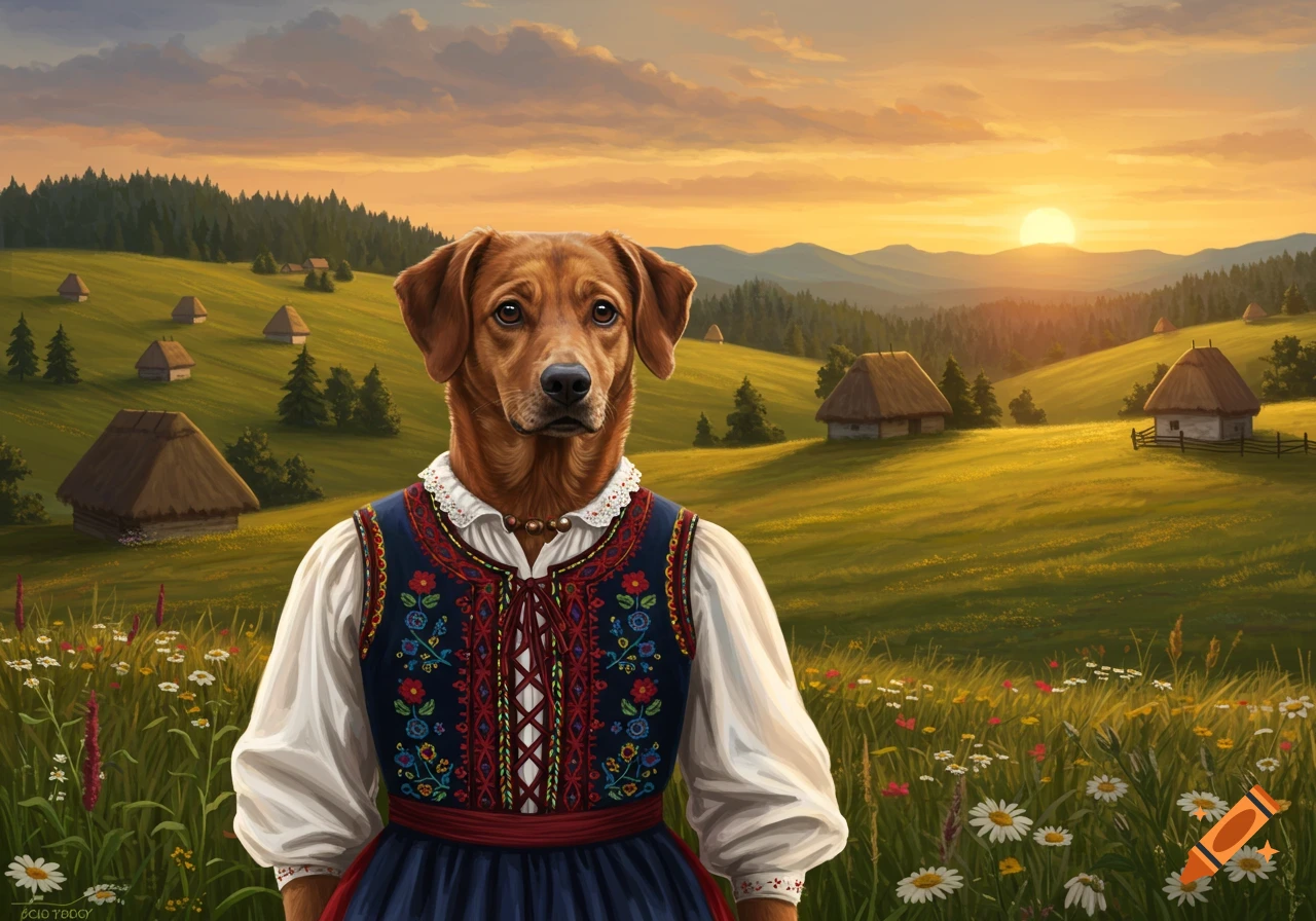 A brown dog wearing a traditional embroidered Transylvanian Saxon ...