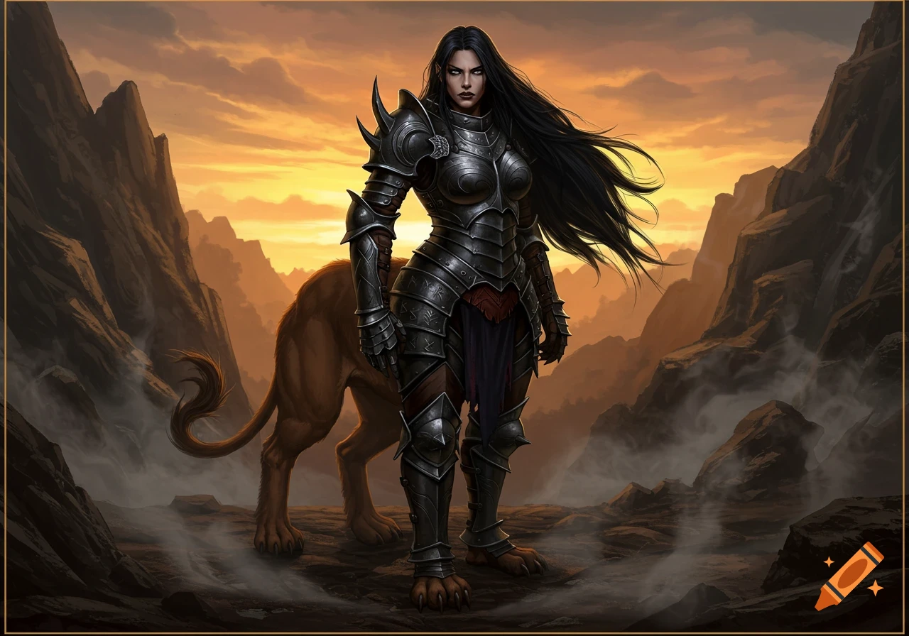 A dark-haired female warrior in full plate armor with a lion's lower ...