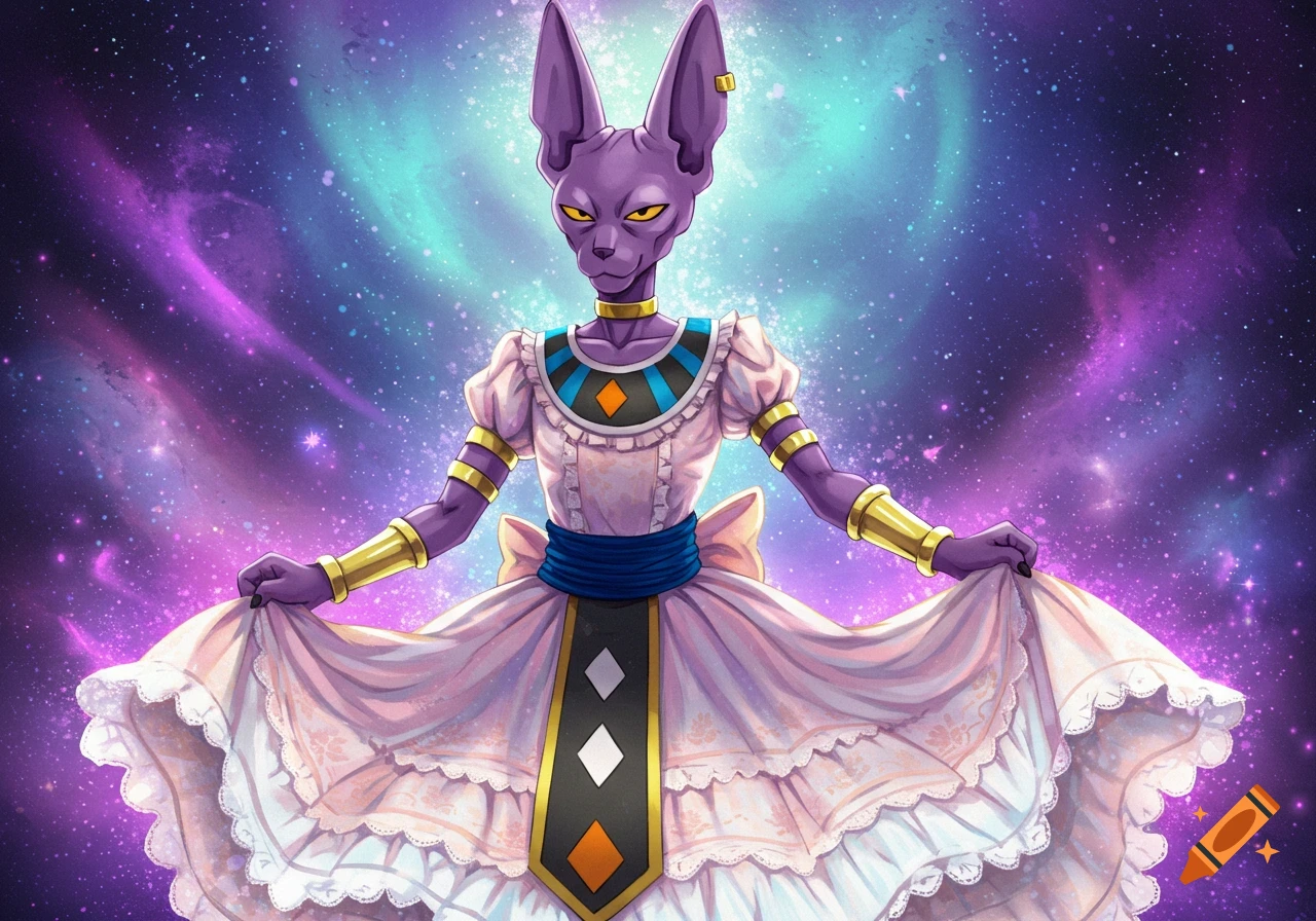 A purple, cat-like deity with yellow eyes, resembling Beerus from ...