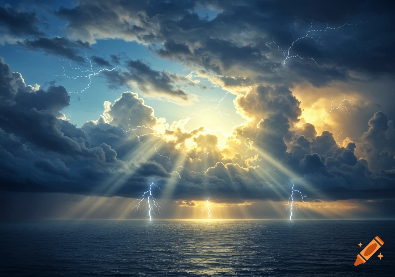 Dramatic stormy ocean scene with dark clouds, bright sun rays breaking through, and multiple ...