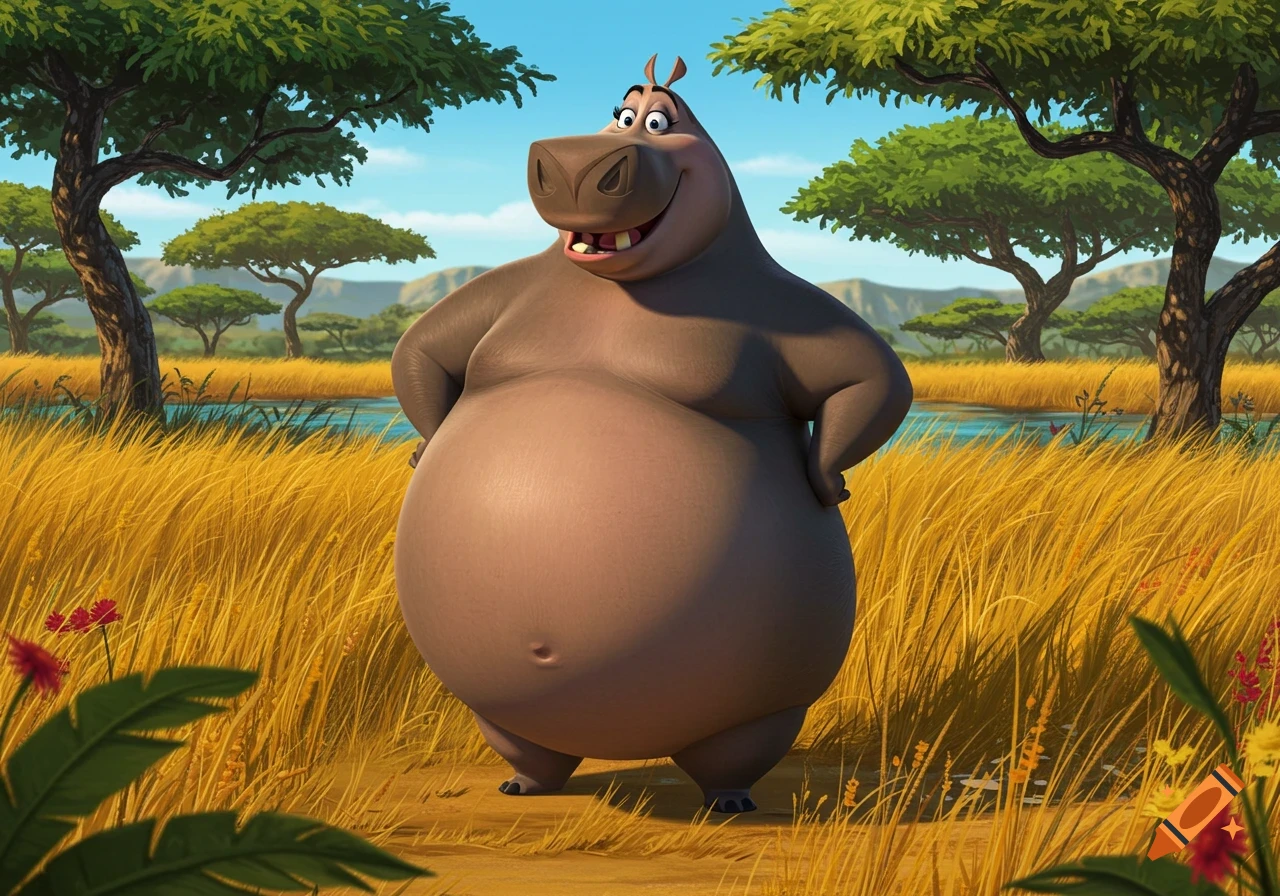 A cartoon hippo (Moto Moto) with a large belly stands smiling in a ...