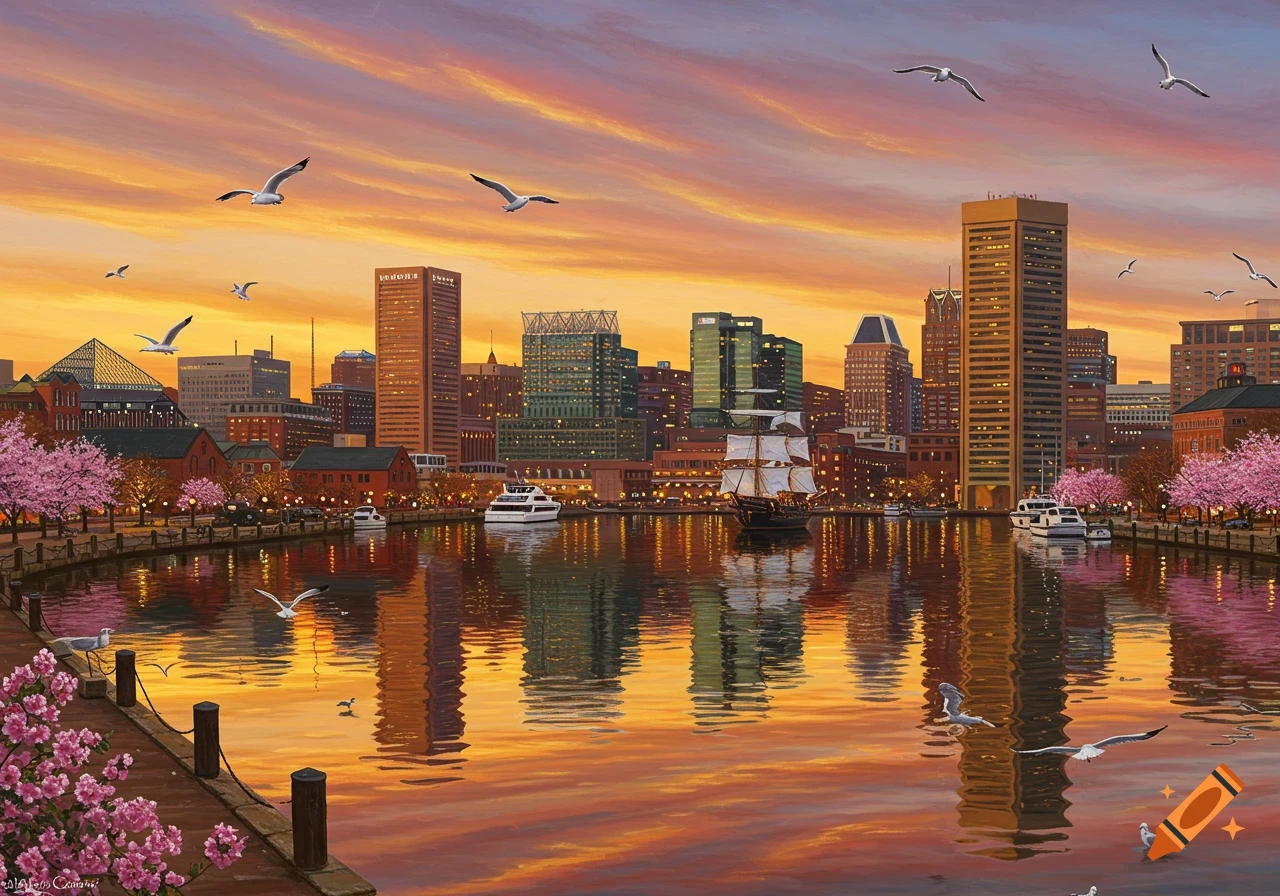 A vibrant painting of the Baltimore Inner Harbor at sunset, showing a ...
