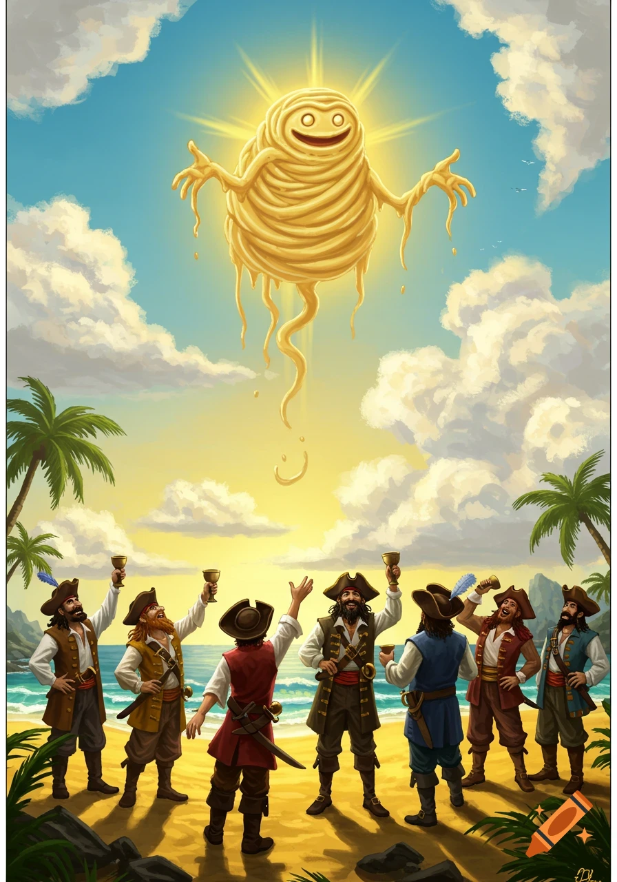 A cartoon Flying Spaghetti Monster with a smiley face hovers over a ...