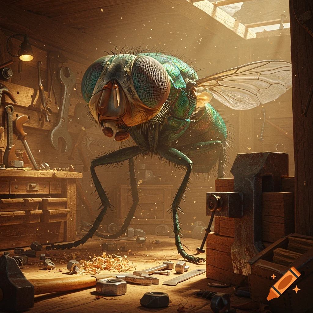 A giant metallic-green fly with large compound eyes stands in a dusty ...