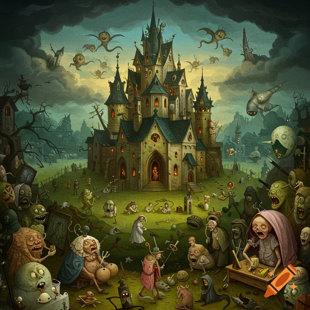 A surreal and grotesque painting of a dark, imposing castle surrounded ...