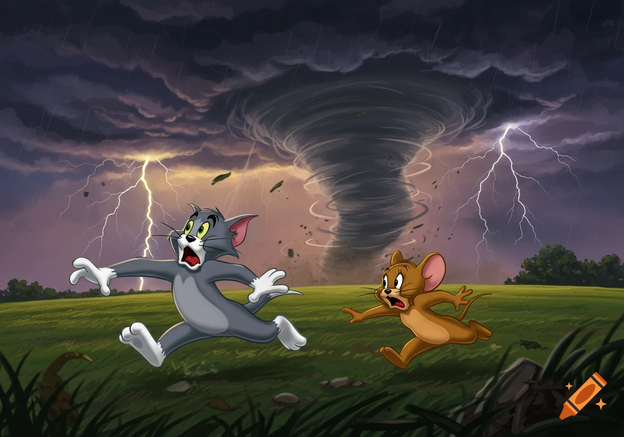 Cartoon cat Tom and mouse Jerry run terrified across a grassy field ...